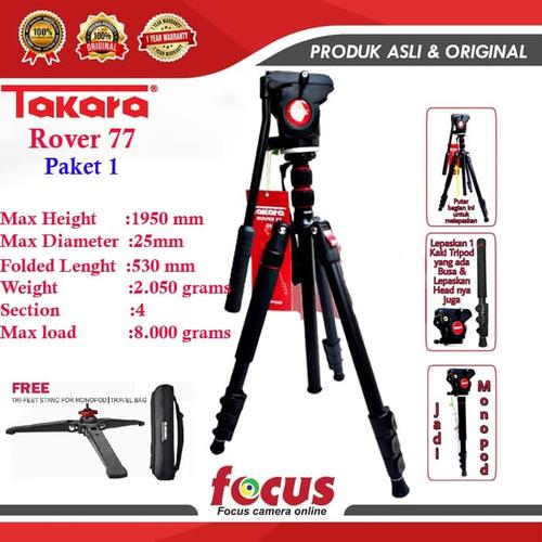 Jual Tripod Takara Rover 77 Head Tripod Monopod 2-in1 with T-054 Bag ...