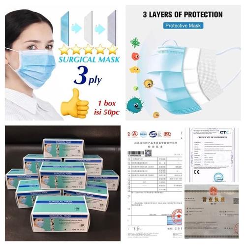 Jual ISI 50PCS MASKER 3 PLY / MASKER 3PLY / SURGICAL MASK bersertifikat ...