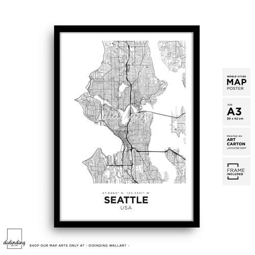 Jual Seattle City Map Art Peta Amerika USA Minimalis Nordic Poster ...