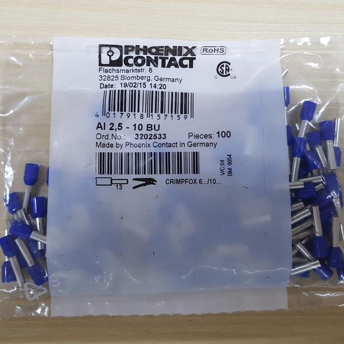 Jual Sekun Skun Ferules Biru kabel 2.5 mm Phoenix Contact AI 2,5-10 BU ...