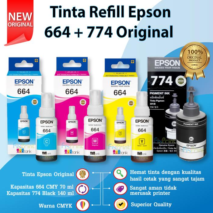 Jual Tinta Epson T774 Black + T664 CMY Original Ink Bottle L1455 L365 ...
