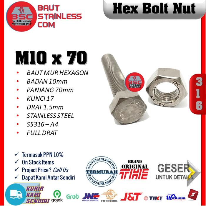 Jual HEX BOLT NUT STAINLESS SS316 M10 X 70 - BAUT MUR SS316 - Kab. Bekasi - BAUTSTAINLESSCOM ...