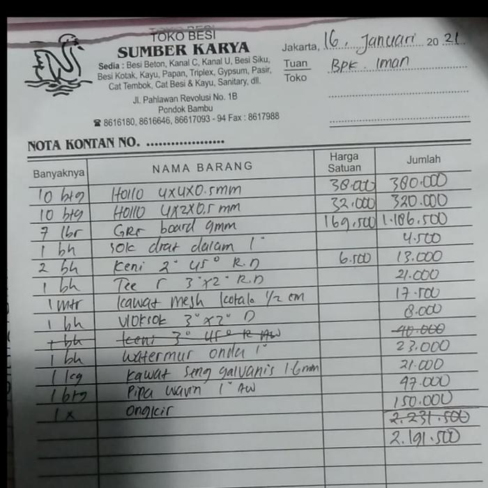 Jual Nota Bapak Iman 16 Januari 2021 - Jakarta Timur - Tb. Sumber Karya ...