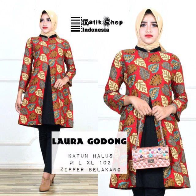 Jual Dress Laura Godong Batik Belah Santika Daun Warna Halus Modern ...