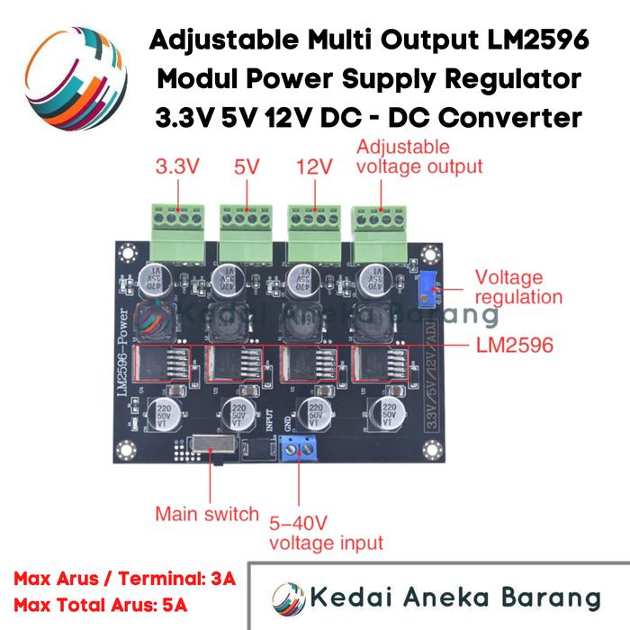 Jual Modul Multi Power Supply Regulator DC Converter LM2596 3.3V 5V 12V ...