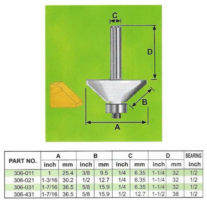 Jual MATA PROFIL KAYU ROUTER CHAMFER BIT 1/4" X 15,9MM X 45 DERAJAT 306 ...