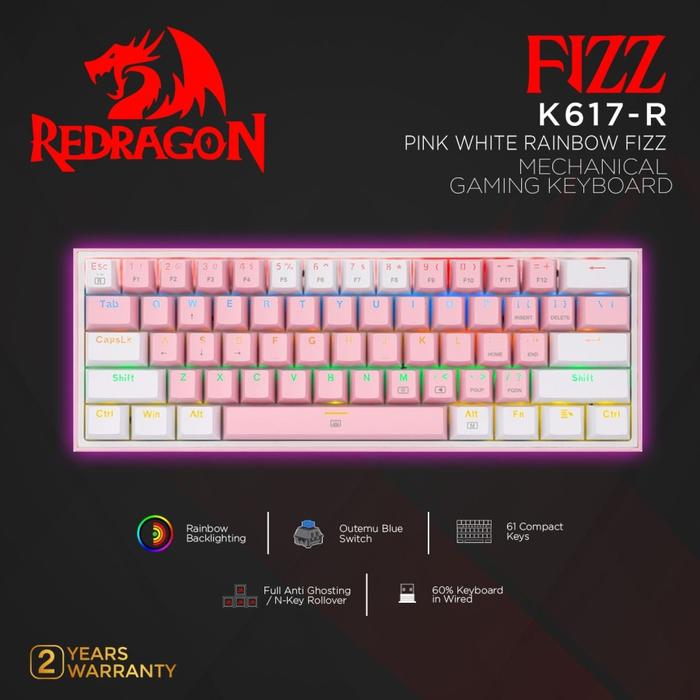 Promo Redragon Mechanical Gaming Keyboard 60% PINK WHITE RAINBOW FIZZ ...