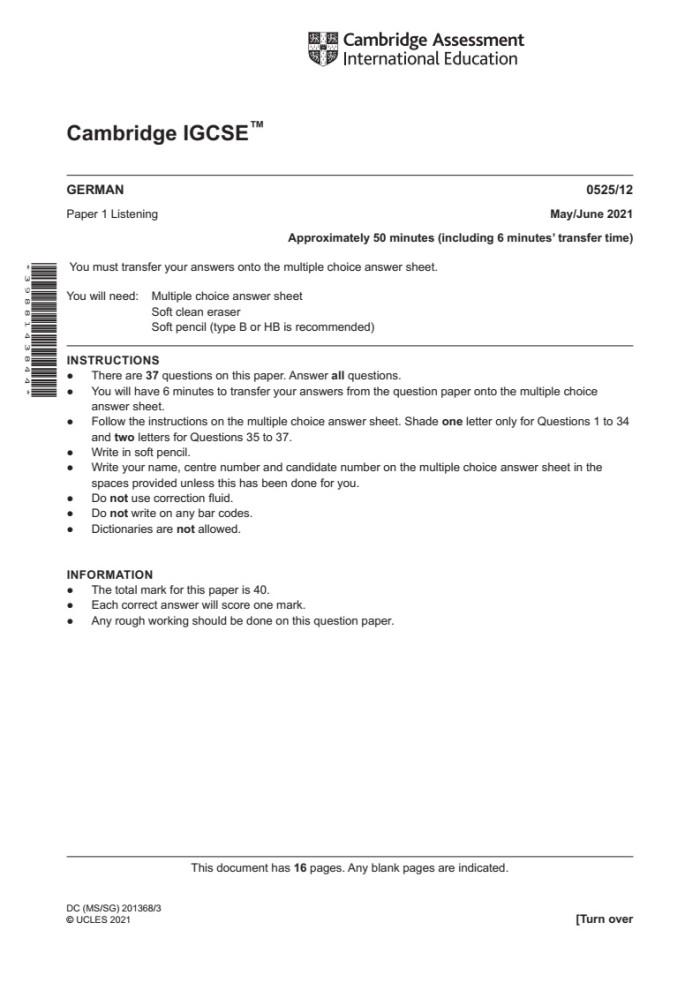 Jual IGCSE German 0525 2012-2021 May/June past papers and mark schemes ...