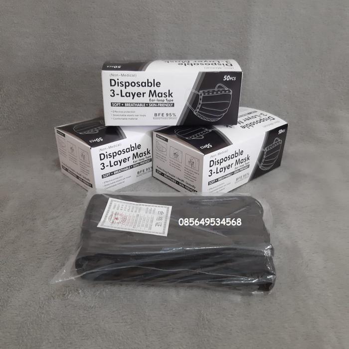 Jual MASKER EARLOOP 3PLY FACEMASK | FULL BLACK | HITAM| 1BOX 50PCS ...
