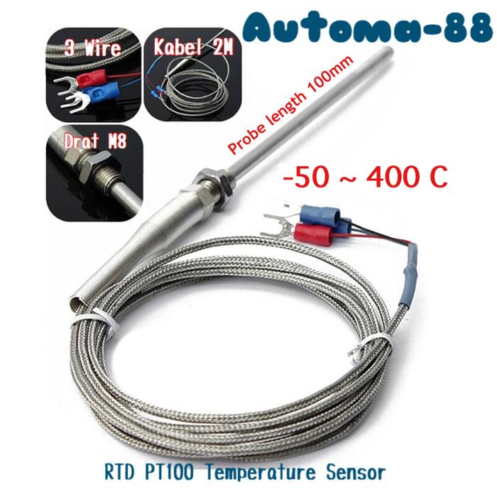Jual Temperature sensor PT100 3 wire Probe 50mm 100mm Kabel 1m 2m Drat ...
