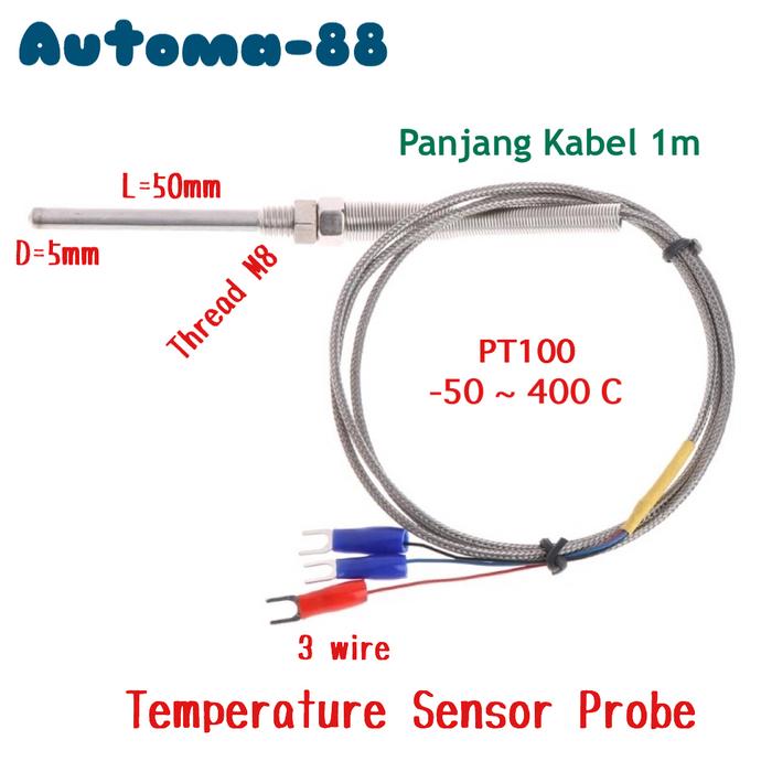 Jual Temperature sensor PT100 3 wire Probe 50mm 100mm Kabel 1m 2m Drat ...