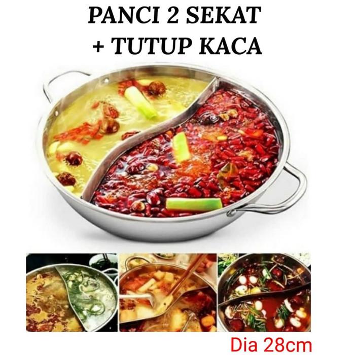 Jual Panci Shabu 2 Sekat Stainless Steel Ukuran 28 Cm Tutup Kaca ...