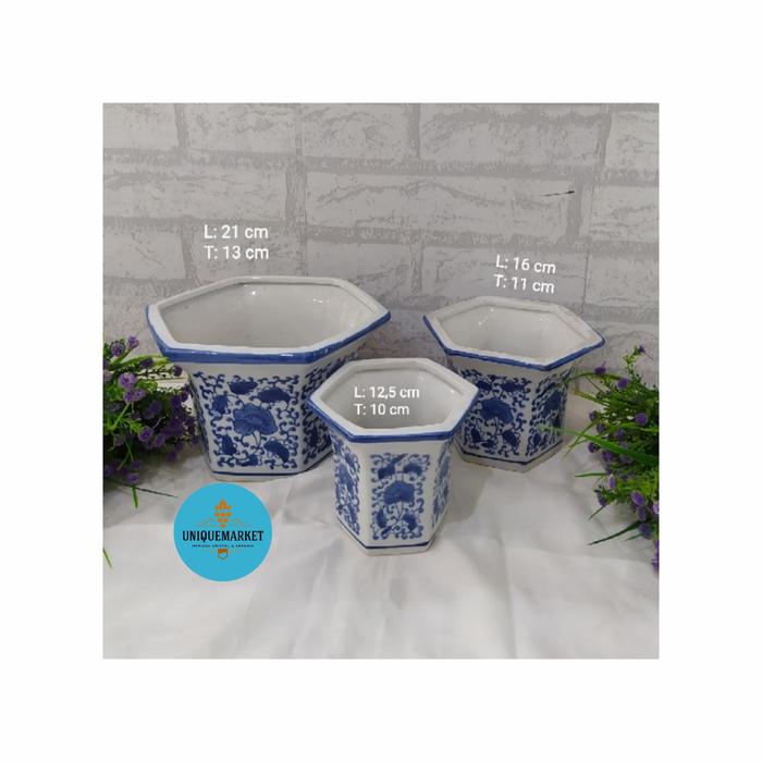 Jual Pot Tanaman segi enam Set 3/ Pot Tanam Keramik Biru Putih Segi ...