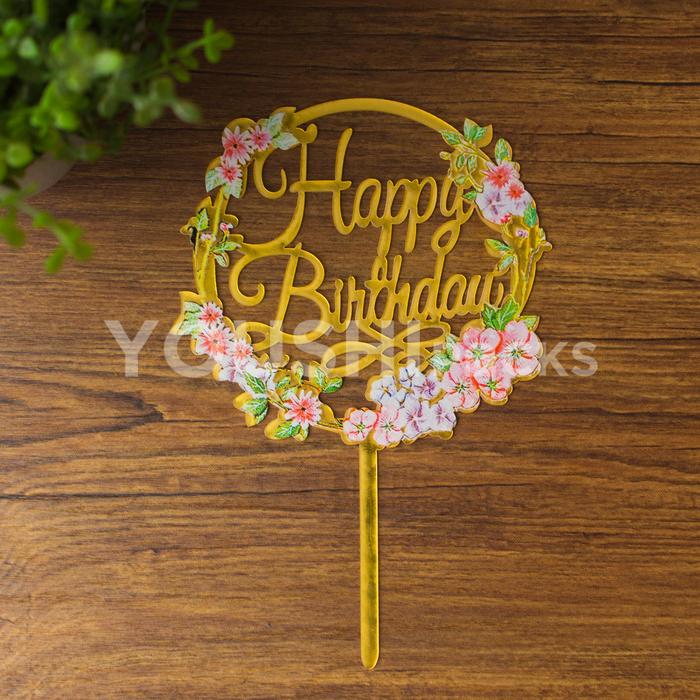 Jual Cake Topper Happy Birthday / Cake Topper Akrilik Motif Bunga - HBD ...