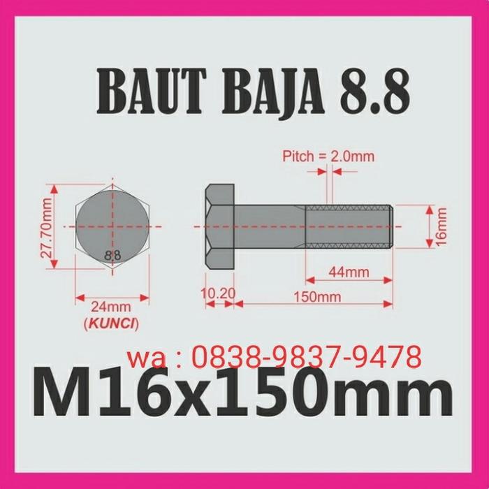 Jual baut mur baja 8.8 HT hitam M16 x 150MM kunci 24 / hex bolt nut murah - Jakarta Pusat ...