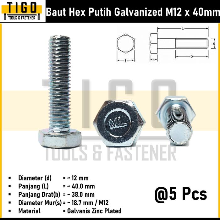 Jual Baut Mur Hex M12 x 40 mm Putih Galvanis Hexagonal Bolt - Jakarta ...