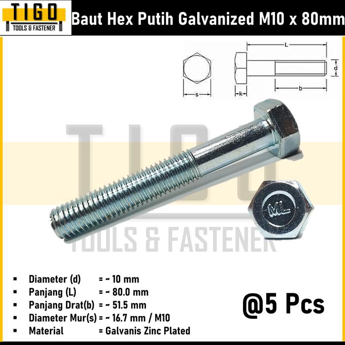Jual Baut Mur Hex M10 x 80 mm Putih Galvanis Hexagonal Bolt - Jakarta ...