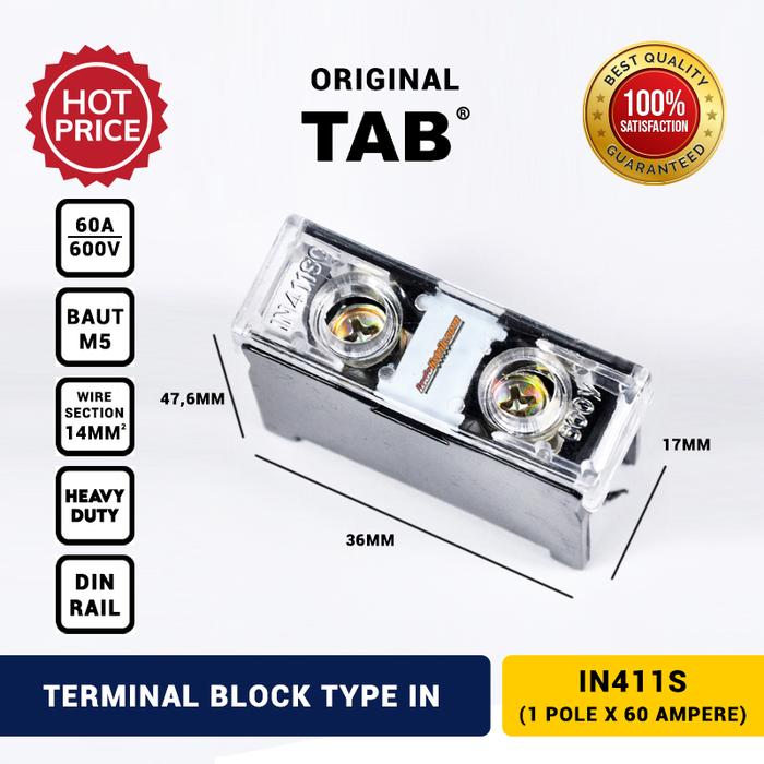 Jual Terminal Block 1P 60A 600V Din Rail TAB - Terminal Blok Kabel IN411S - Jakarta Pusat ...