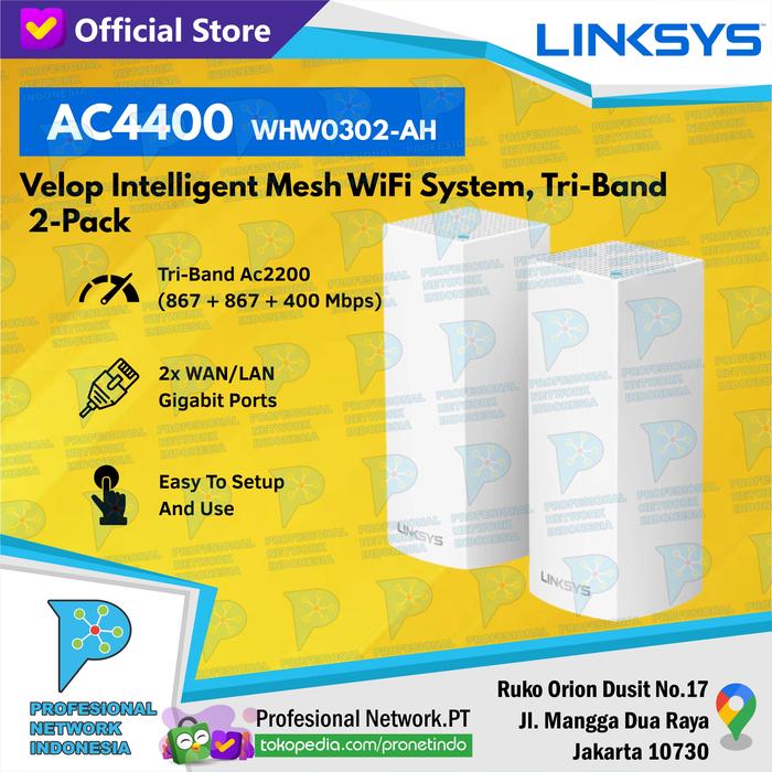 Promo LINKSYS WHW0302-AH AC4400 TRI BAND, MU-MIMO, VELOP 2 PACK MESH WiFi Cicil 0% 3x - Jakarta ...