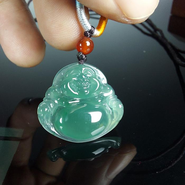 Jual liontin giok ukir happy Buddha asli bersertifikat hijau type A ...