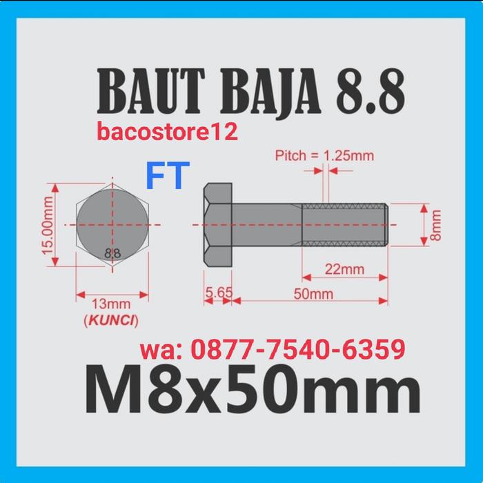 Jual baut mur baja 8.8 HT m8x50 + ring plat hitam/hex bolt nut murah ...