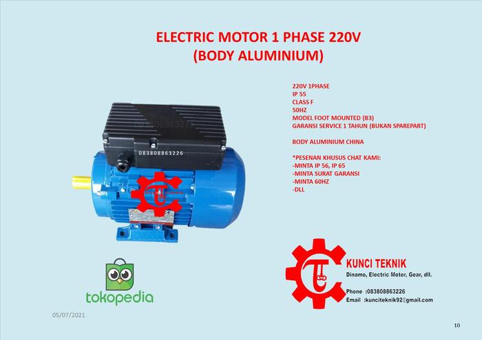 Jual 0.75 HP 0.55 KW 1 Phase 2 Pole Elektro Motor/dinamo/Motor Induksi B3 - Kota Tangerang ...