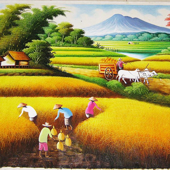 Jual Lukisan Pemandangan dan Panen Padi Dengan Gerobak Sapi Pedati ...