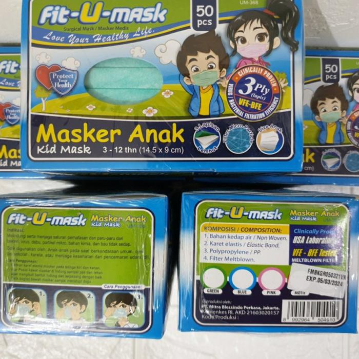 Jual Masker Medis Fit U Mask Anak 3 Ply isi 50's Green - Jakarta Timur ...