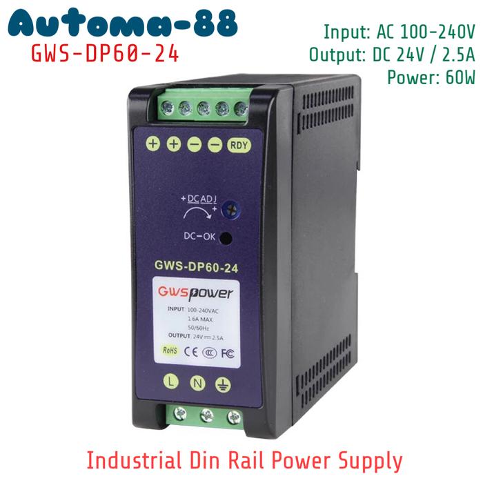 Jual Power Supply 24V DC Din Rail Mounting 60W input 220Vac output ...