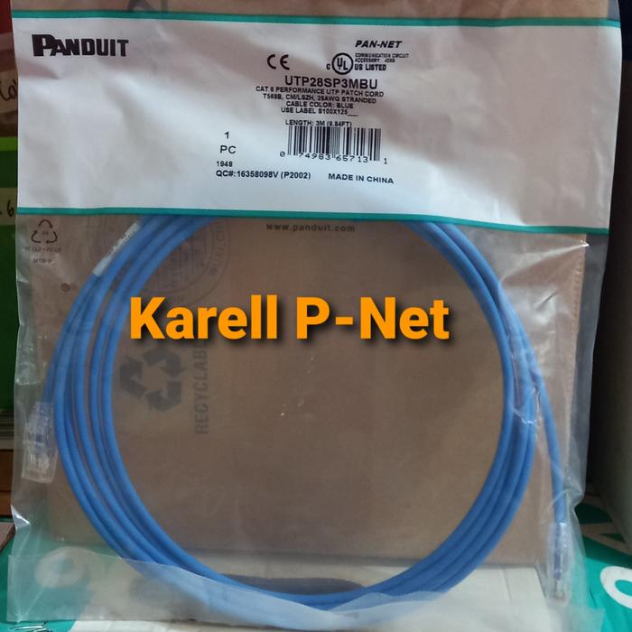 Jual PATCH CORD PANDUIT CAT 6 28AWG 3 METER / PANDUIT CAT6 UTP28SP3MBU ...
