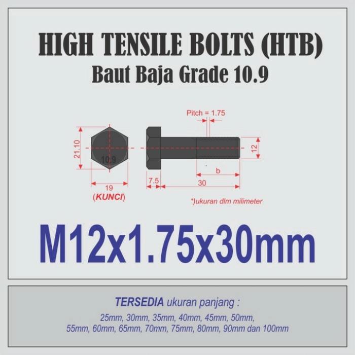 Jual baut mur baja 10.9 - m12 x 30mm - high tensile bolt (HTB ...