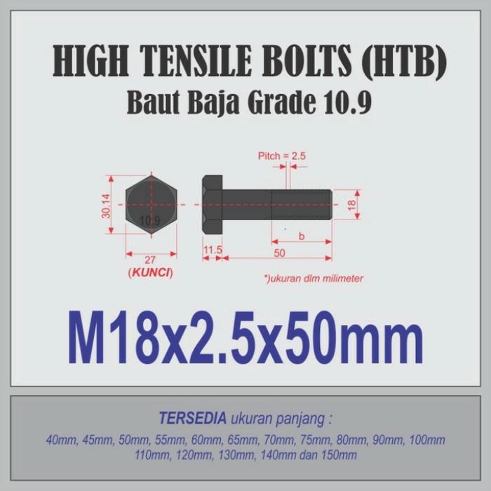 Jual baut mur baja 10.9 - m16 x 50mm - high tensile bolt (HTB ...