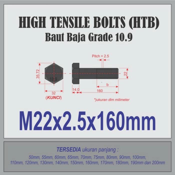Jual baut mur baja 10.9 - m22 x 160mm - high tensile bolt (HTB ...