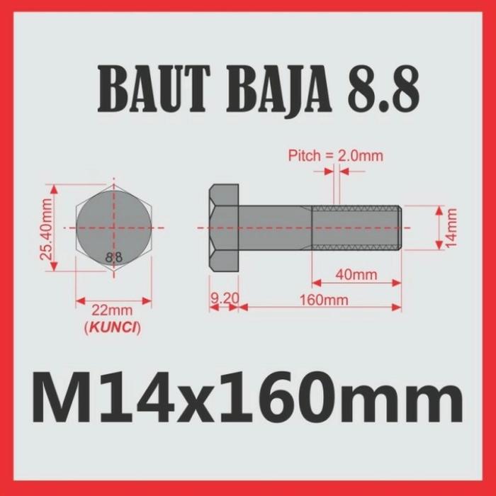 Jual baut mur baja 8.8 hitam m14 x 160mm / hex bolt nut m14x16cm murah ...