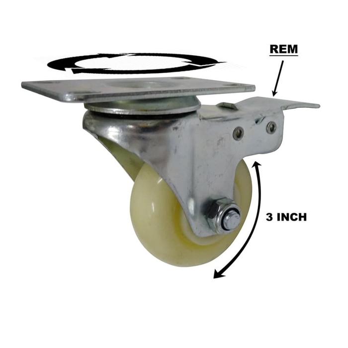 Jual RODA NYLON PUTIH 3 INCH + REM RODA CASTER RODA TROLLEY RODA TROLI ...