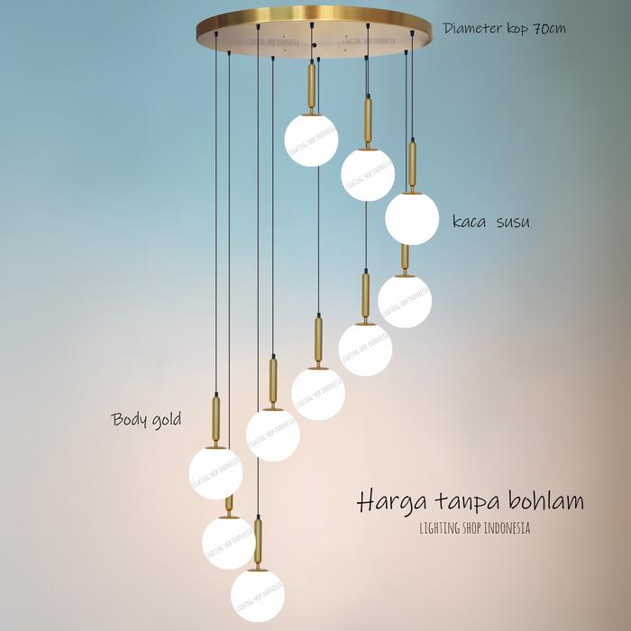 Jual Lampu gantung void tangga 10in1 gold kaca modern minimalis 10 lampu - Body hitam, Kaca ...