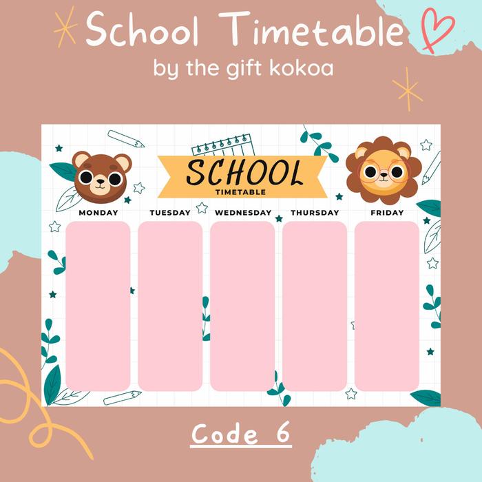 Jual Cetak Jadwal Pelajaran Anak / School Time Table - design 1, Kertas ...