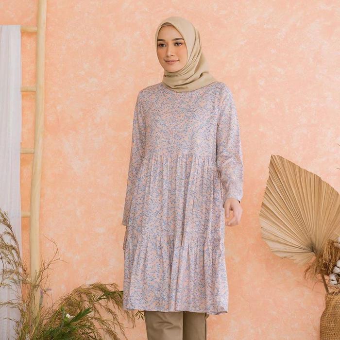 Jual Baju Atasan Tunik rayon Motif Kembang Model Susun Rempel Resleting ...