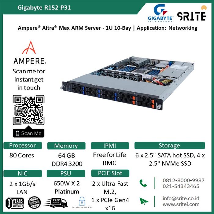 Jual Gigabyte ARM Server 1U R152-P31 Ampere Altra 80 Core Q80-26 64GB 1 ...