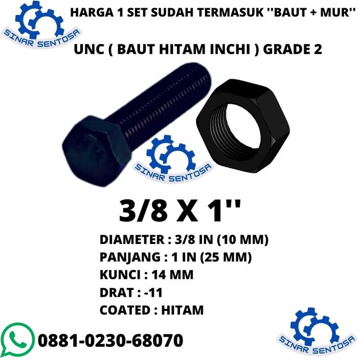 Jual BAUT UNC-BAUT MUR HITAM INCHI ''3/8 X 1'' HARGA 1 SET MUR + BAUT ...