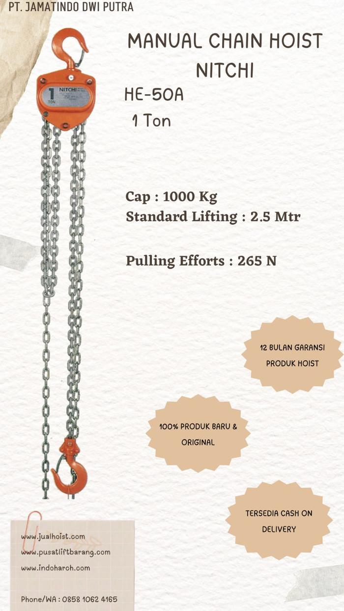 Jual MANUAL CHAIN HOIST NITCHI HE -50A Cap. 1 Ton - Kab. Tangerang ...