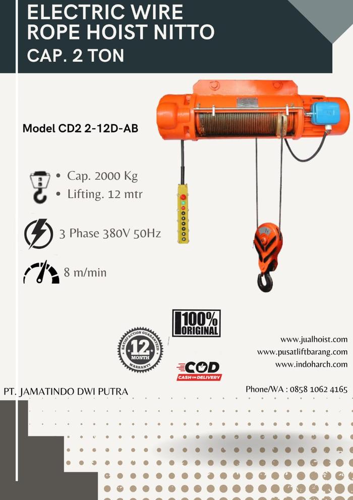 Jual ELECTRIC WIRE ROPE HOIST NITTO CD-AB Cap. 2 Ton x 12 Meter - Kab ...