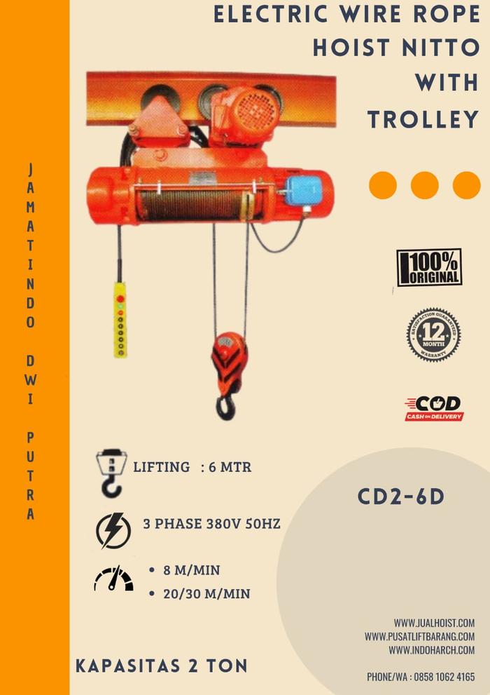 Jual ELECTRIC WIRE ROPE HOIST NITTO & TROLLEY CAP. 2 Ton x 6 Meter ...