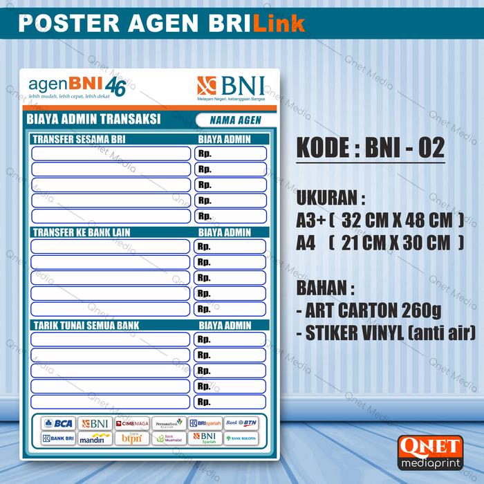 Jual POSTER & STIKER BIAYA ADMIN AGEN BRILINK + LAMINASI GLOSSY - BNI ...