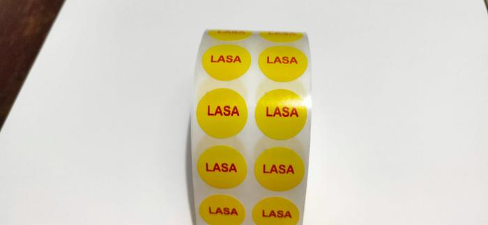 Jual STIKER LASA KUNING BULAT TULISAN MERAH 20X20mm @3000 pcs in ROLL ...