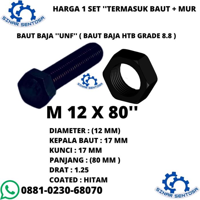 Jual baut baja 8.8 htb ''M 12 X 80'' unf harga 1 set mur + baut ...