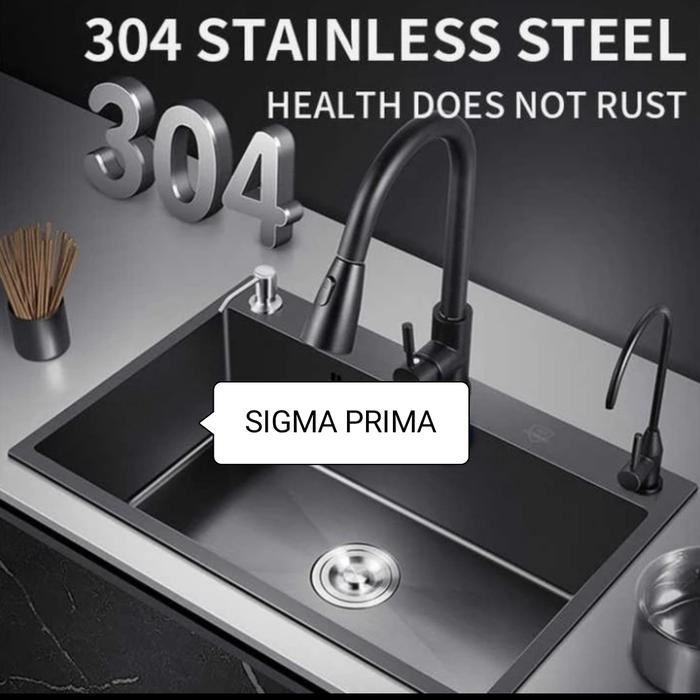 Jual kitchen sink stainless hitam satu lubang 6045 paket lengkap kran ...
