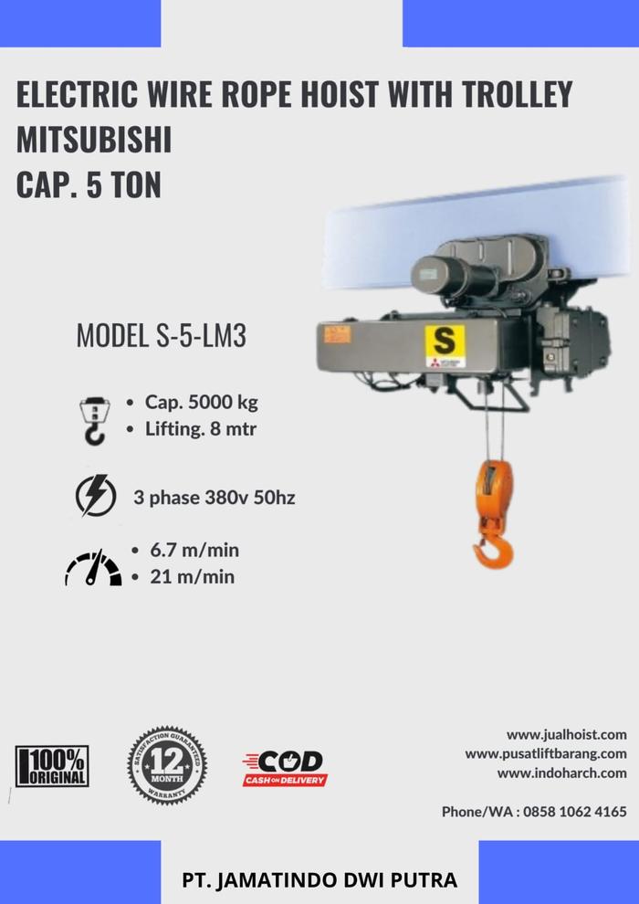 Jual ELECTRIC WIRE ROPE HOIST WITH TROLLEY MITSUBISHI CAP. 5 TON (S-5 ...