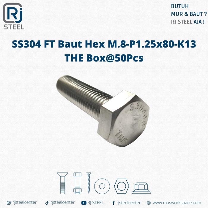 Jual SS304 FT Baut Hex M.8-P1.25x80-K13 THE Box @ 50Pcs - Kota Surabaya ...