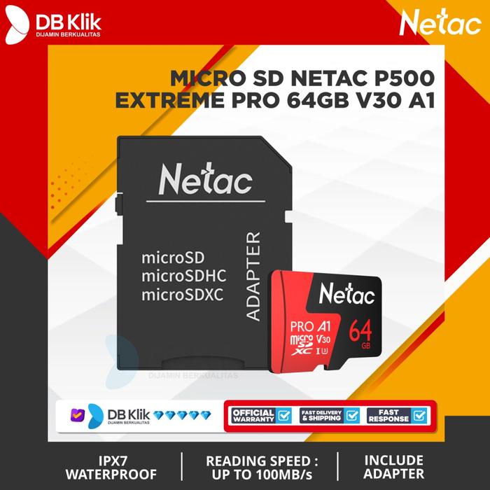 Micro SD NETAC P500 Extreme PRO 64GB V30 A1 with Adapter - NETAC 64GB